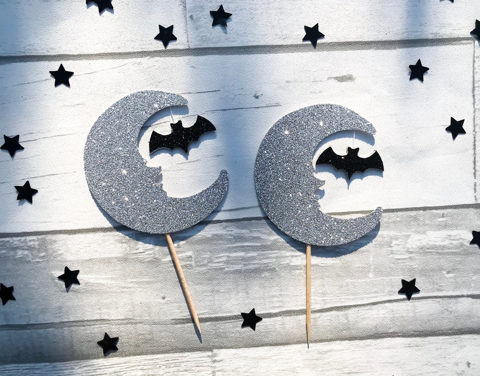 6 Moon and Bat Glitter Cupcake Toppers Halloween Spooky | Etsy UK