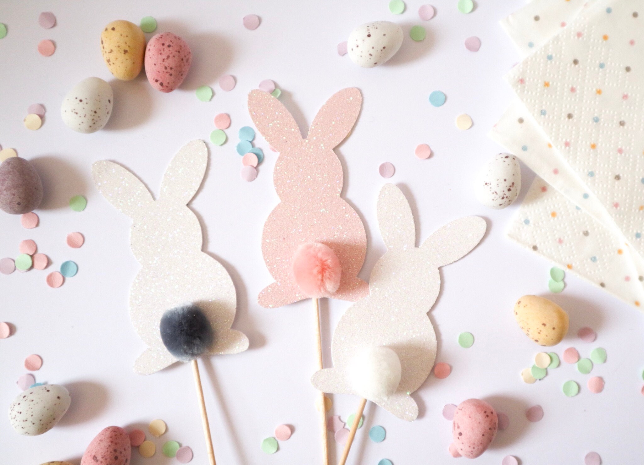6 Bunny Pom Pom Tails Glitter Easter Cup Cake Toppers - Etsy