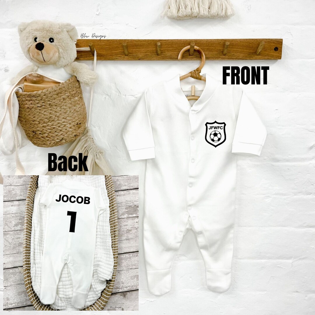 Personalised Football Style Baby Sleep Suit White Cotton Romper, Name ...