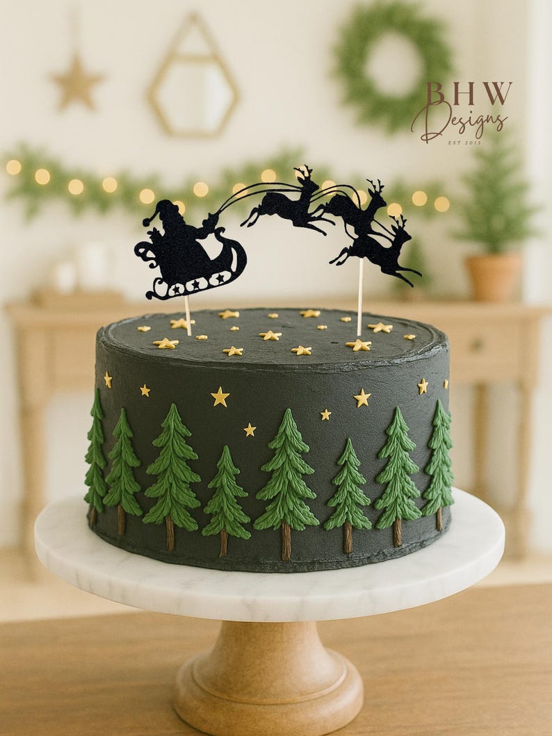 Santa Sleigh and Reindeer Glitter Cake Topper, Rudolf, Christmas ...