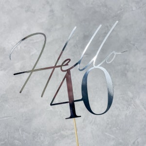 Hello 40 Foil Mirror Cake Topper, Forty, Fortieth Birthday Decoration ...