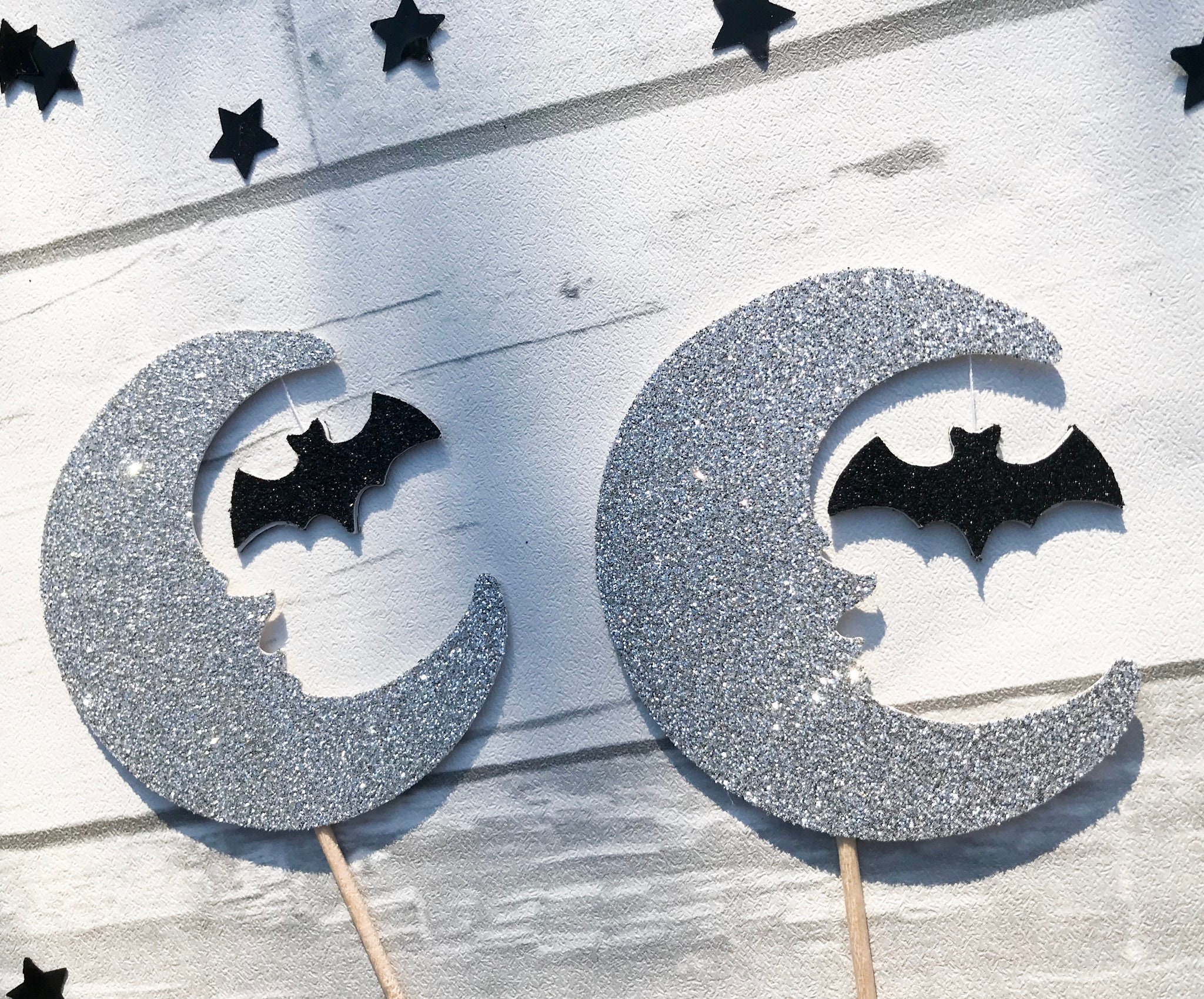 6 Moon and Bat Glitter Cupcake Toppers Halloween Spooky | Etsy UK