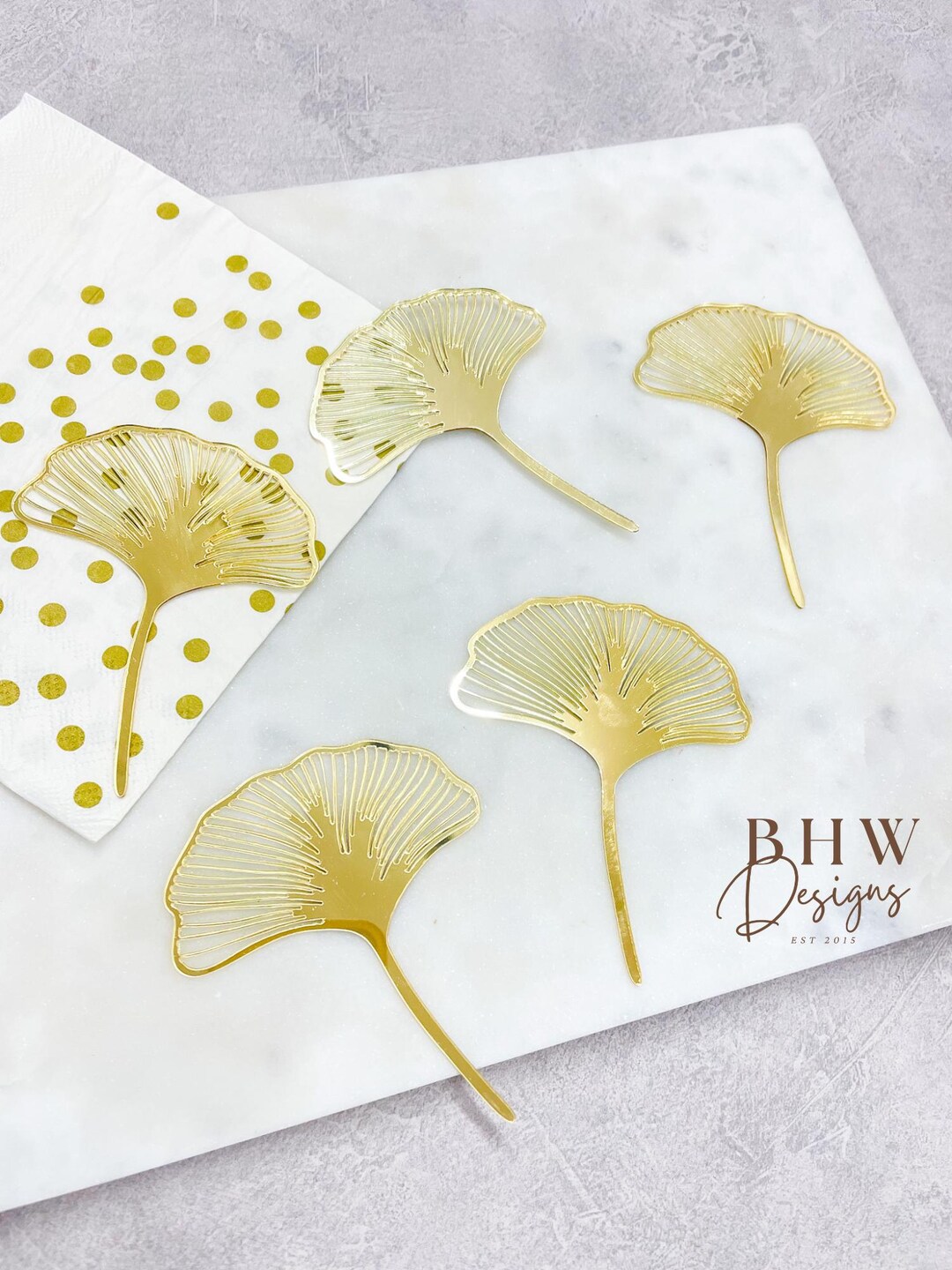 Ginkgo Stem Leaf Gold Mirror Acrylic Cake Topper Decoration Cupcake ...