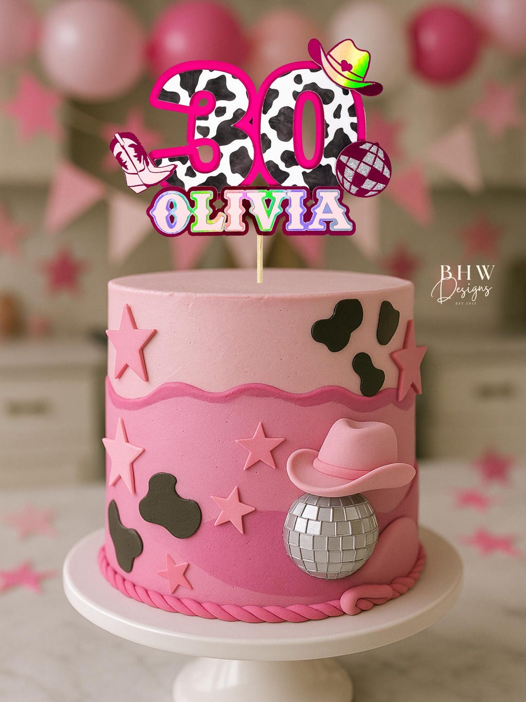 Personalised Cow Print Cake Topper: Pink Holographic Disco Cowboy ...