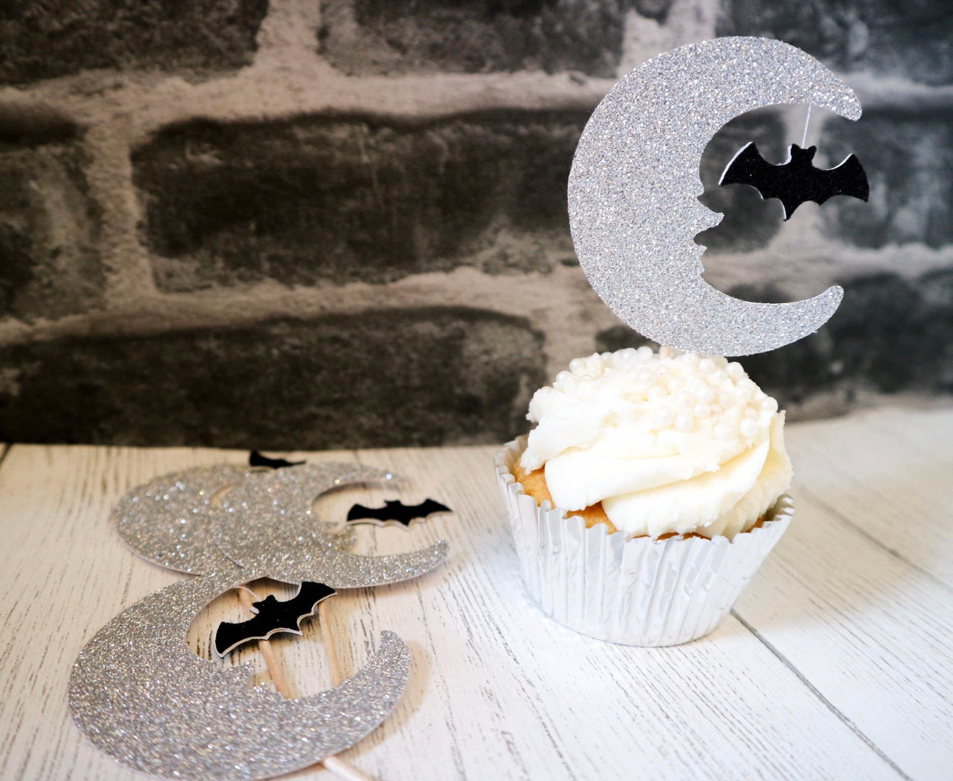 6 Moon and Bat Glitter Cupcake Toppers Halloween Spooky | Etsy UK