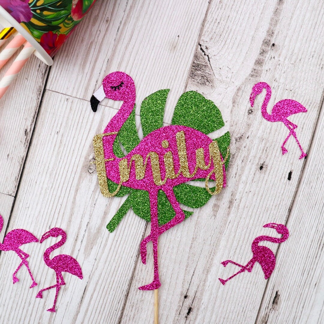 Personalised Flamingo Glitter Name Tropical Cake Topper - Birthday ...
