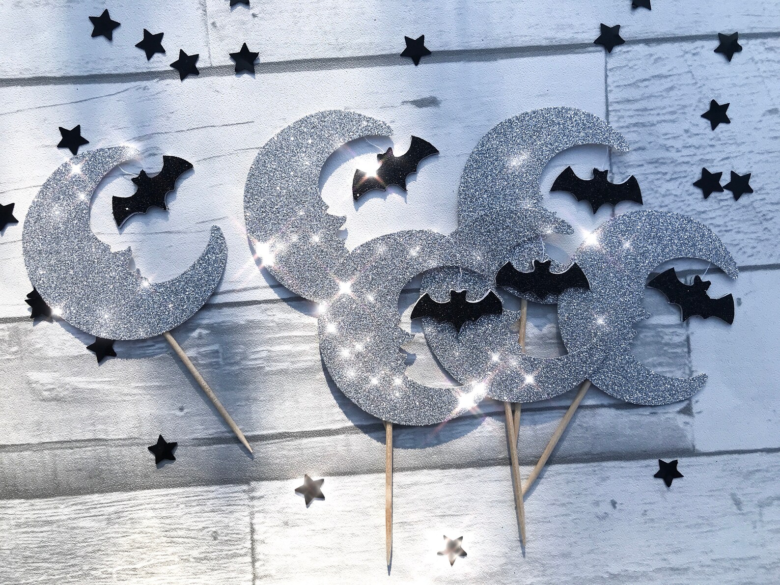 6 Moon and Bat Glitter Cupcake Toppers Halloween Spooky | Etsy UK