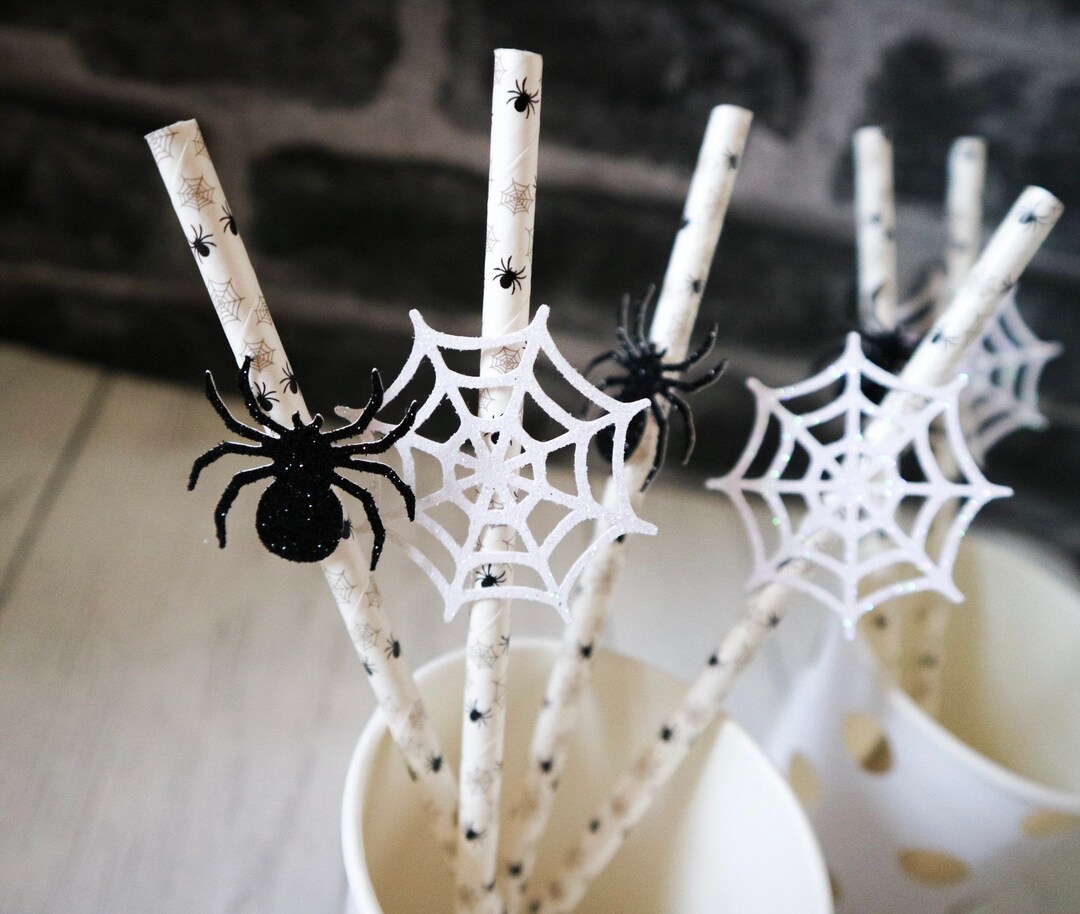 10 - Spider and Spider Web Glitter Paper Straws - Black and White ...