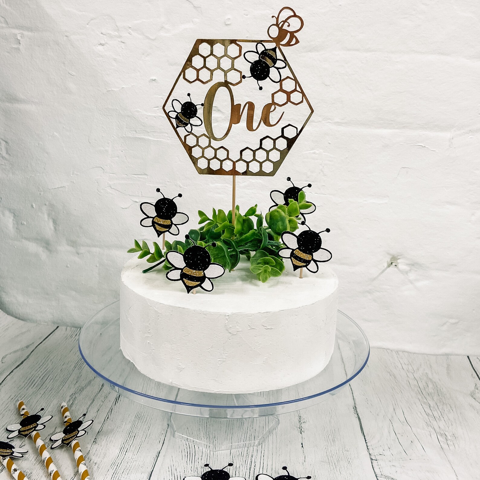 Bee Personalised Honeycomb Gold Cake Topper One Gold and | Etsy