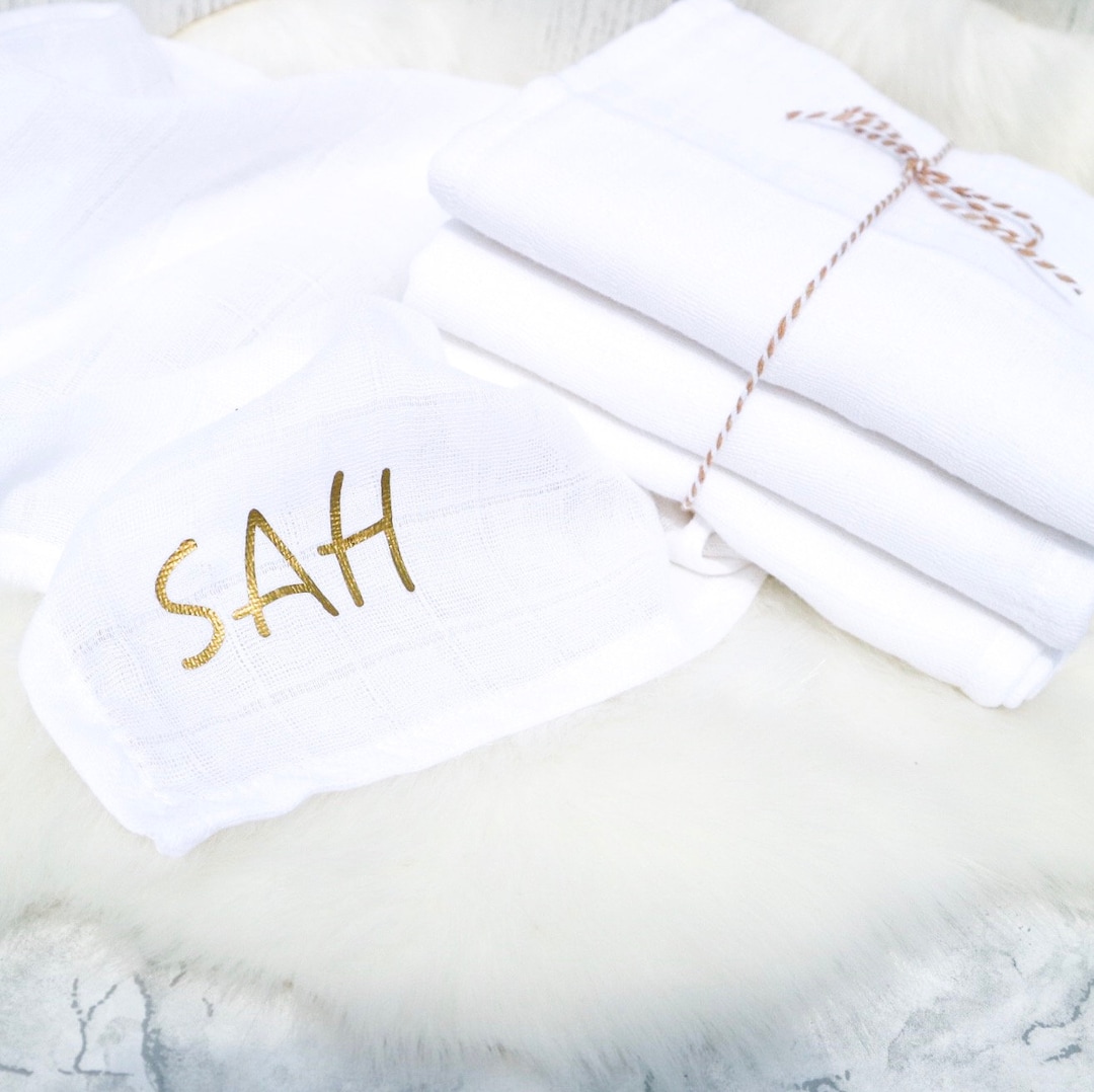 Set of 3 Initial Personalised White Baby Muslins - New Baby - Baby Gift ...