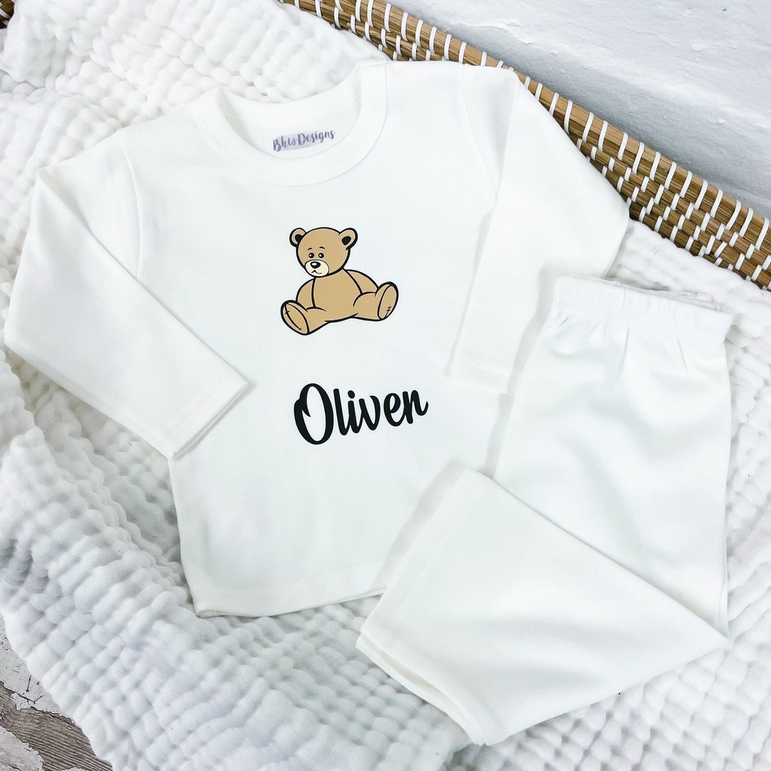 Personalised Name Teddy Bear White Pyjamas, Children's Pj's, Nightwear ...