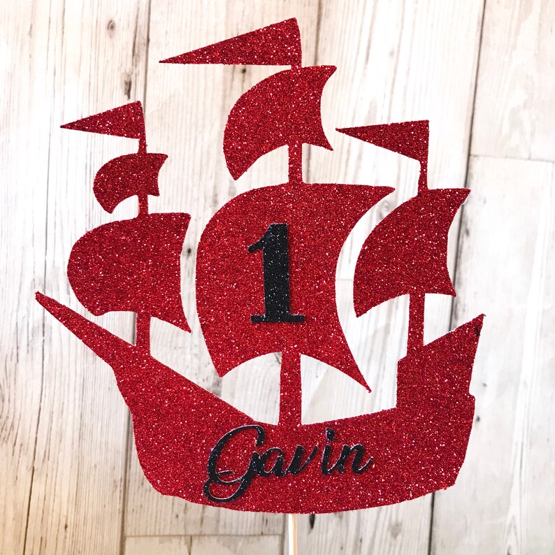 Name and Age Glitter Pirate Ship Cake Topper Birthday | Etsy