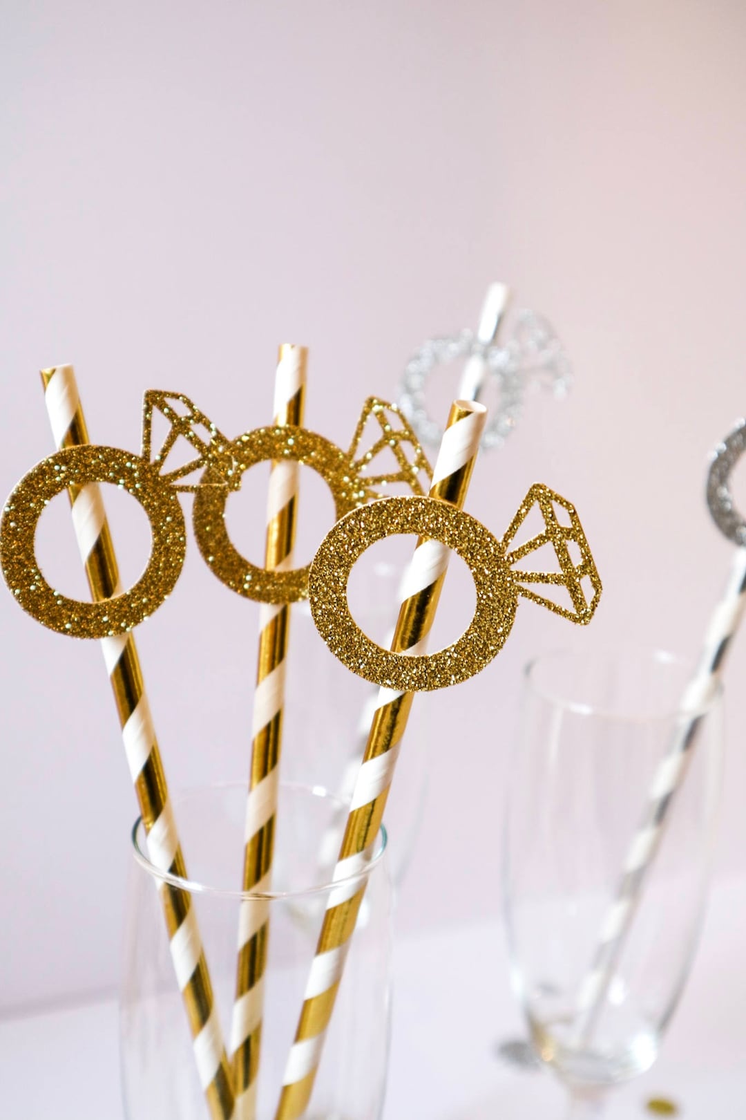 10 - Glitter Diamond Ring Stripe Foil Paper Straws Gold, Silver, Rose ...