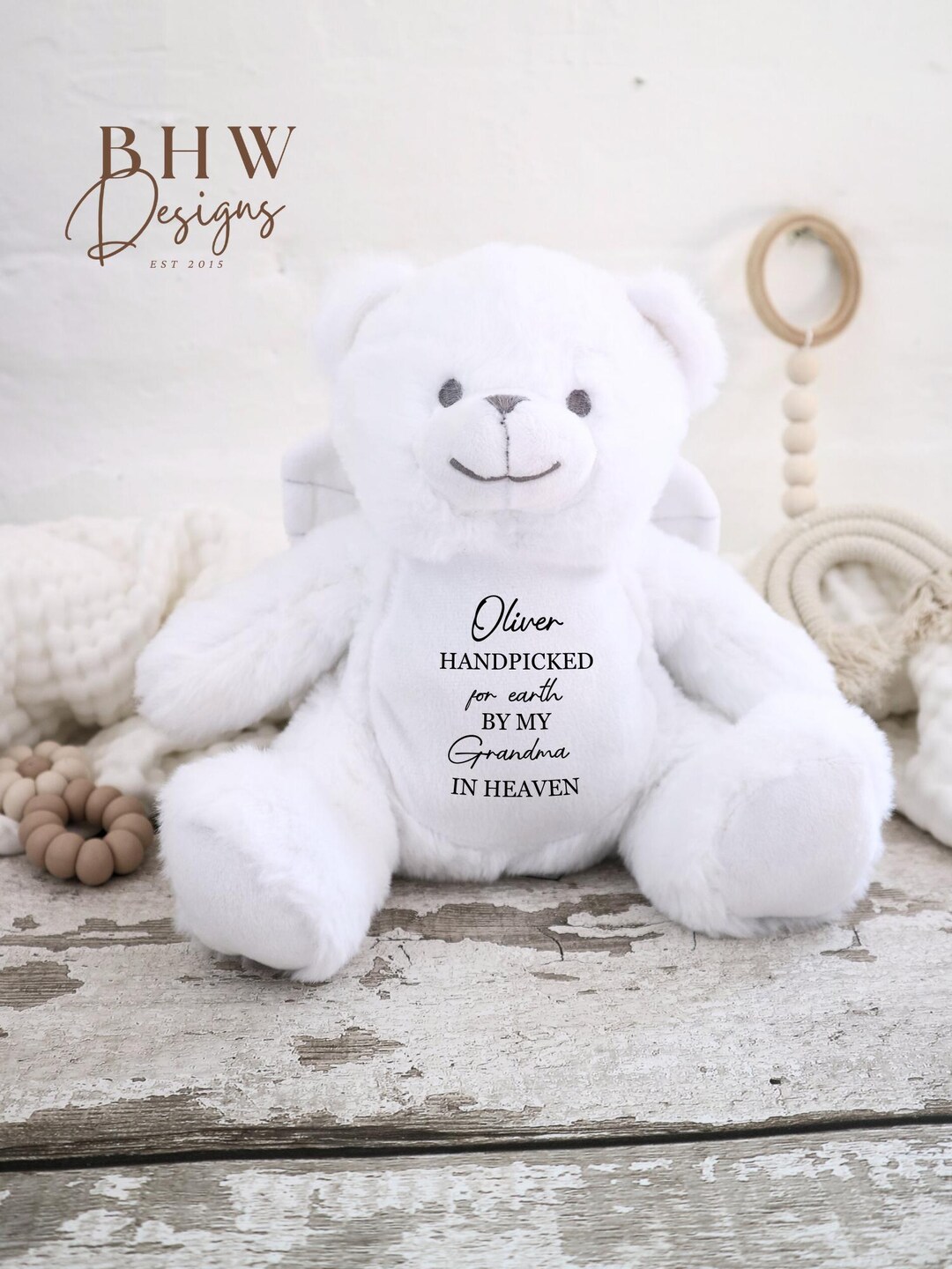 Personalised Name White Angel Wing Mini Teddy Hand Picked From Heaven ...