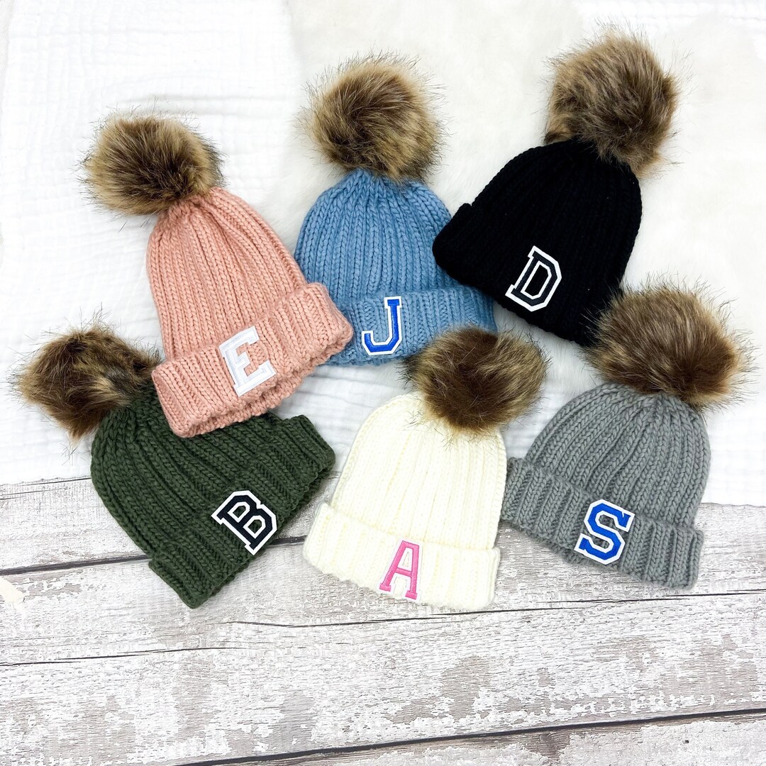 Personalised Initial Children's Woolly Beanie Bobble Hat With Fluffy ...