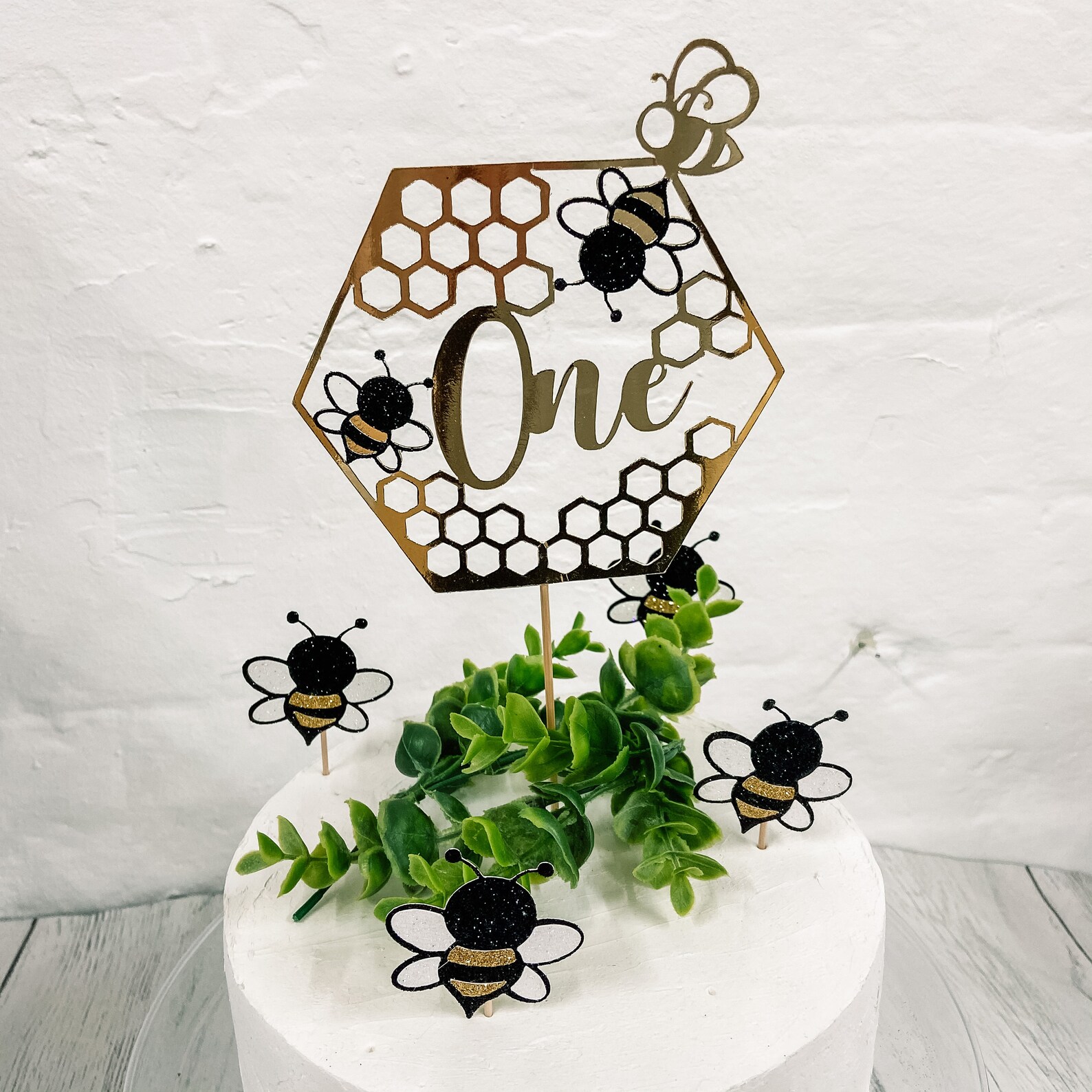 Bee Personalised Honeycomb Gold Cake Topper One Gold and - Etsy UK