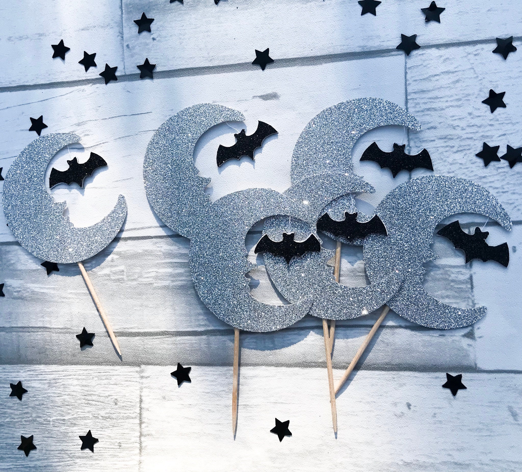 6 Moon and Bat Glitter Cupcake Toppers Halloween Spooky | Etsy UK