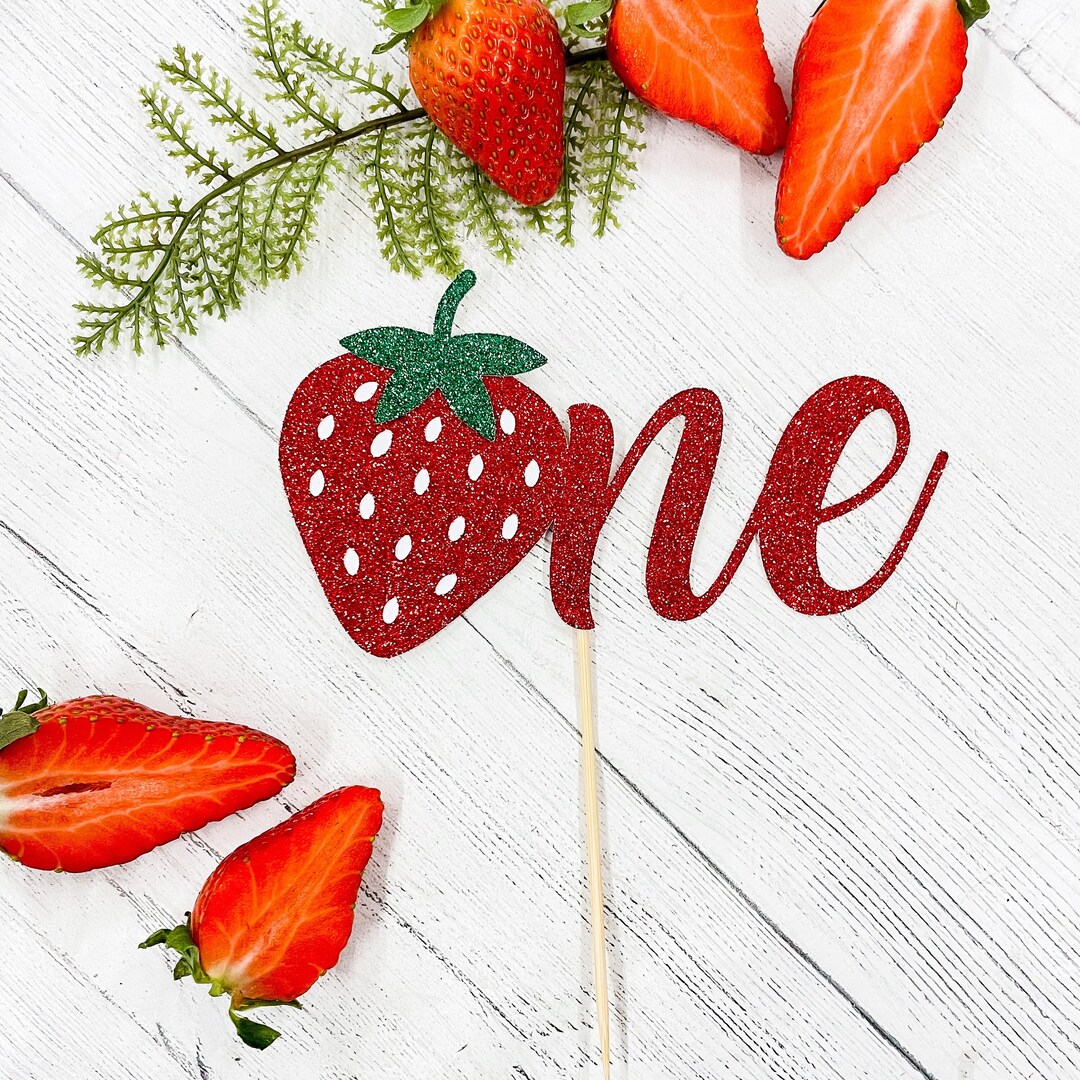 One Strawberry Glitter Cake Topper - Red and Green - Fruit Birthday - Etsy