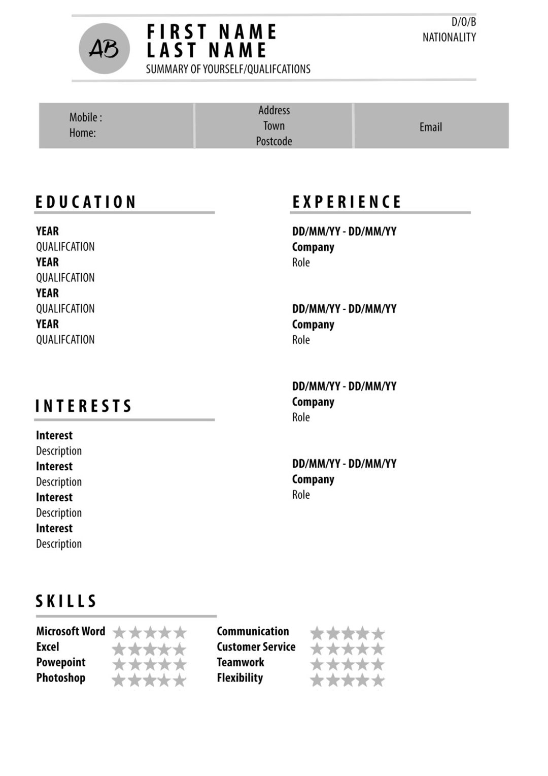 Monochrome CV Photoshop Template - Etsy
