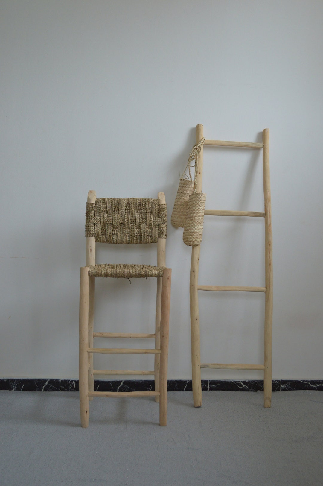 High Bar Wood and Straw Stool, Handcrafted Chair, Braid Straw Stool ...