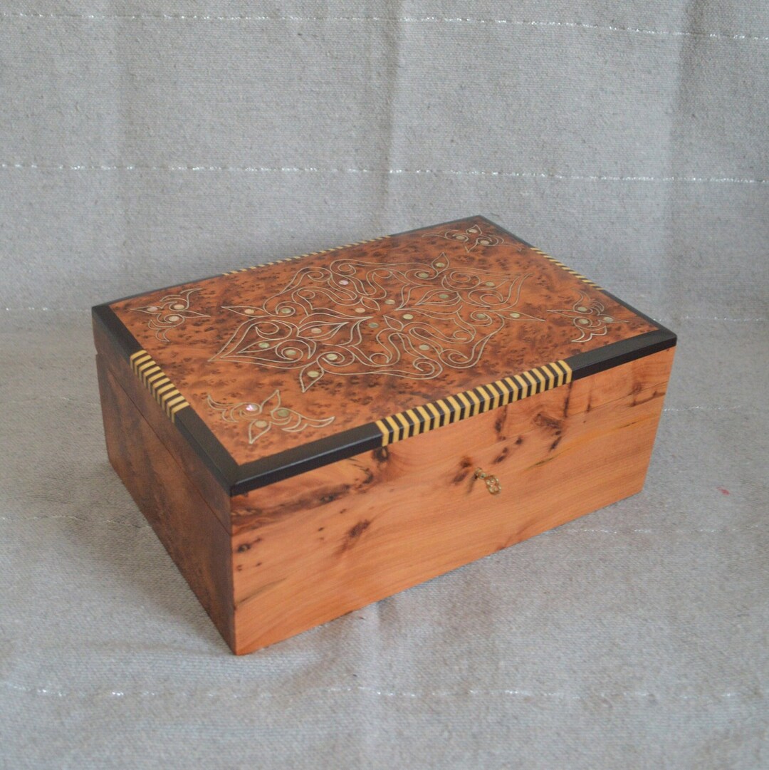 Lockable Wooden Box With Two Storage Levels, Moroccan Wooden Jewelry ...