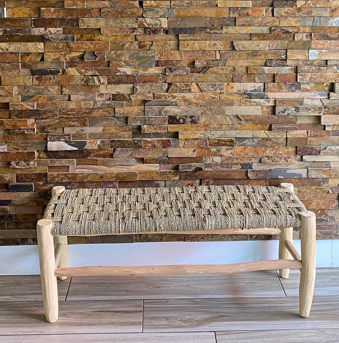 Bench in Solid Wood and Natural Weaving, Traditional Bench, Handmade ...