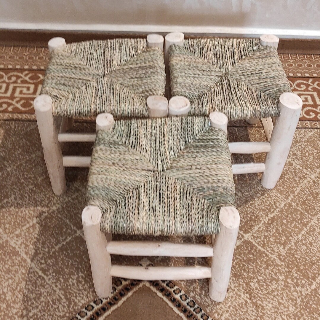 Wicker Bar Stools, Woven Straw Stool, Vintage Berber Stool, Wooden ...