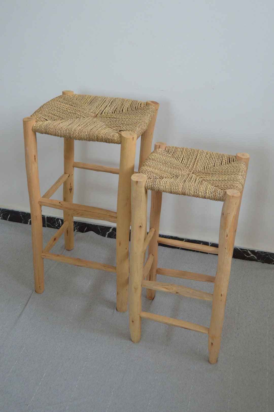 Handmade Vintage Wood and Straw Stool, Handcrafted Chair, Braid Straw ...