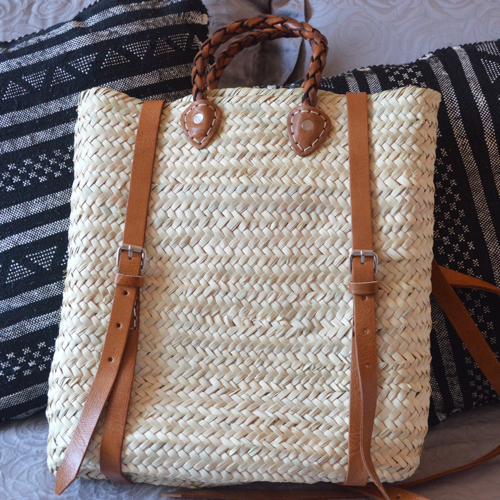 Moroccan handmade Straw Beach bag with leather strap Hipster | Etsy