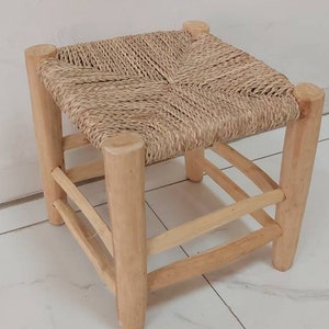 Handmade Vintage Wood and Straw Stool, Handcrafted Chair, Braid Straw ...