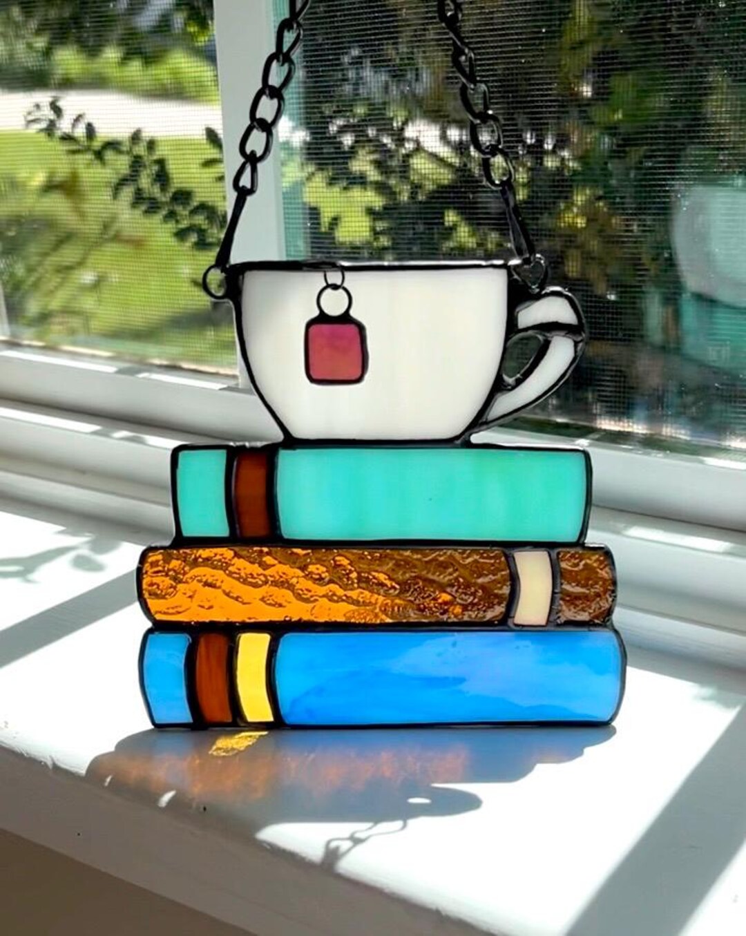 Book Stack & Tea Cup Stained Glass Art, Blue and Teal Books and Tea ...