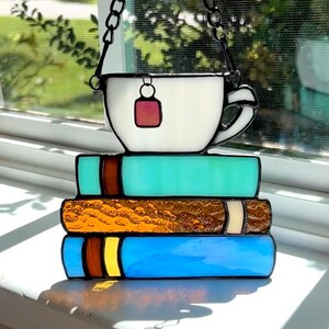 Book Stack & Tea Cup Stained Glass Art, Blue and Teal Books and Tea ...