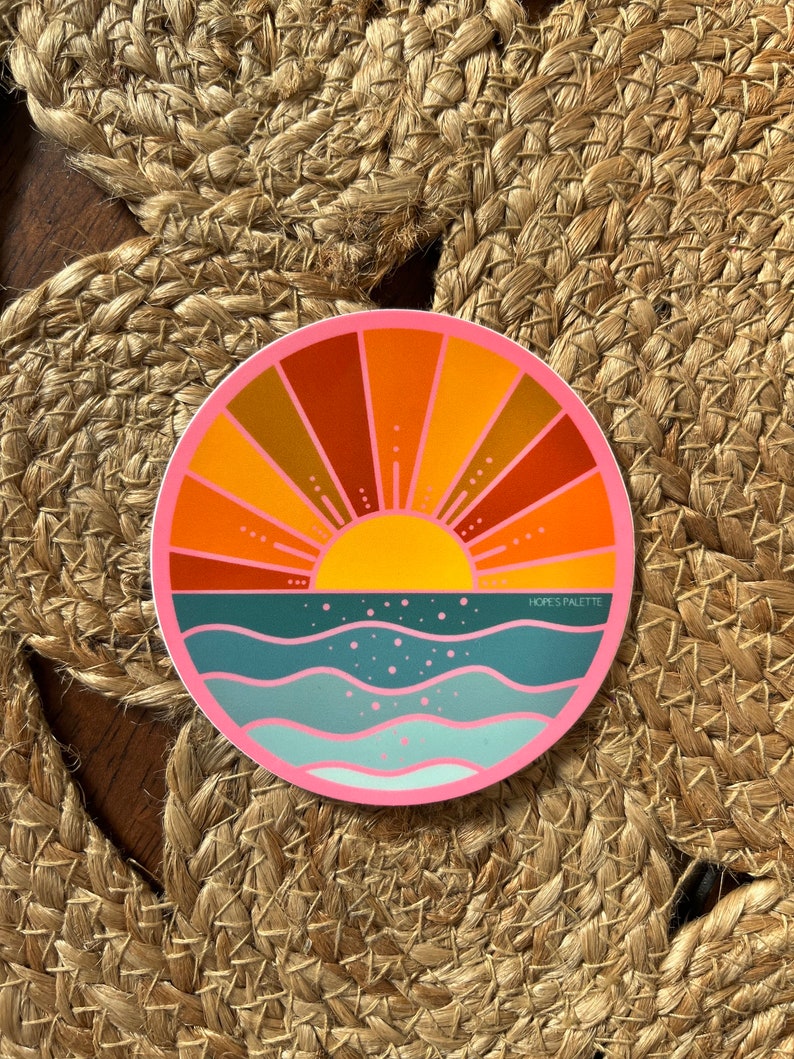 Summer Sunset Vinyl 3” Circle Sticker, Sunrise Beach Waterproof Sticker ...