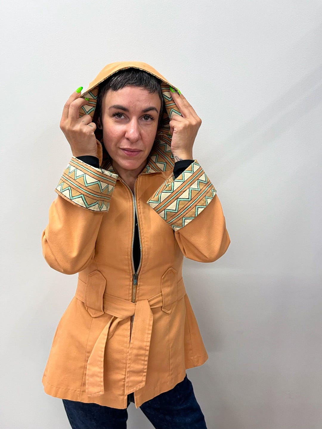 1970s Vintage Terracotta Chevron Western Style Hooded Jacket With Belt ...