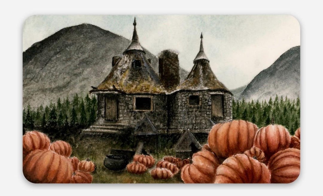 Hagrid’s Hut Waterproof Sticker - Watercolor, Dark Forest, Pumpkins ...