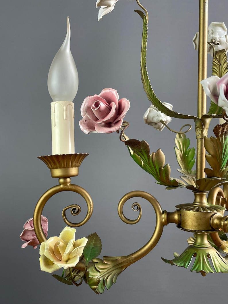 Vintage 1950s Three-light Gilt Metal Chandelier With Hand-painted ...