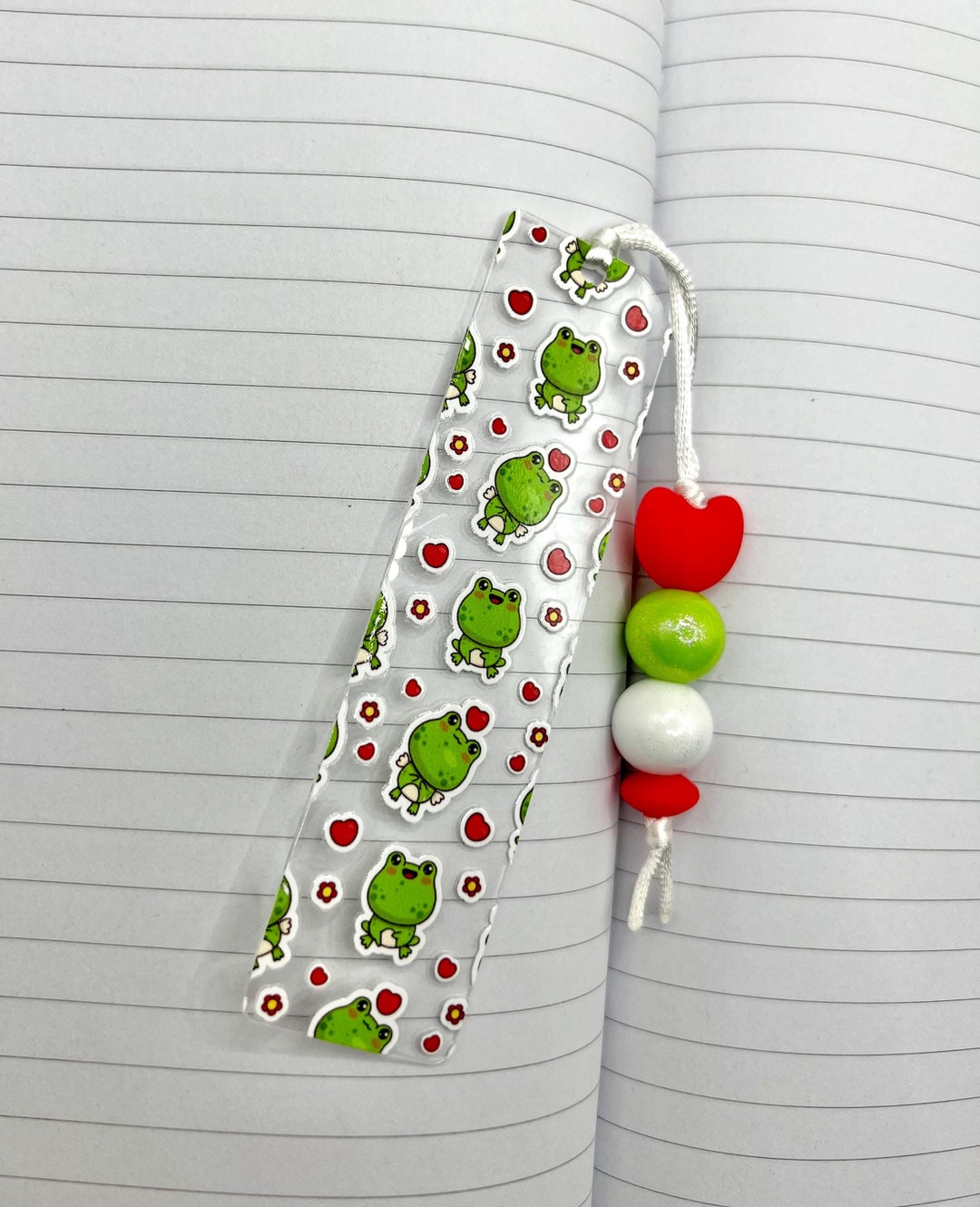 Frog Hearts Bookmark, Neon Green Love, UV Acrylic, Dangle Silicone Bead ...