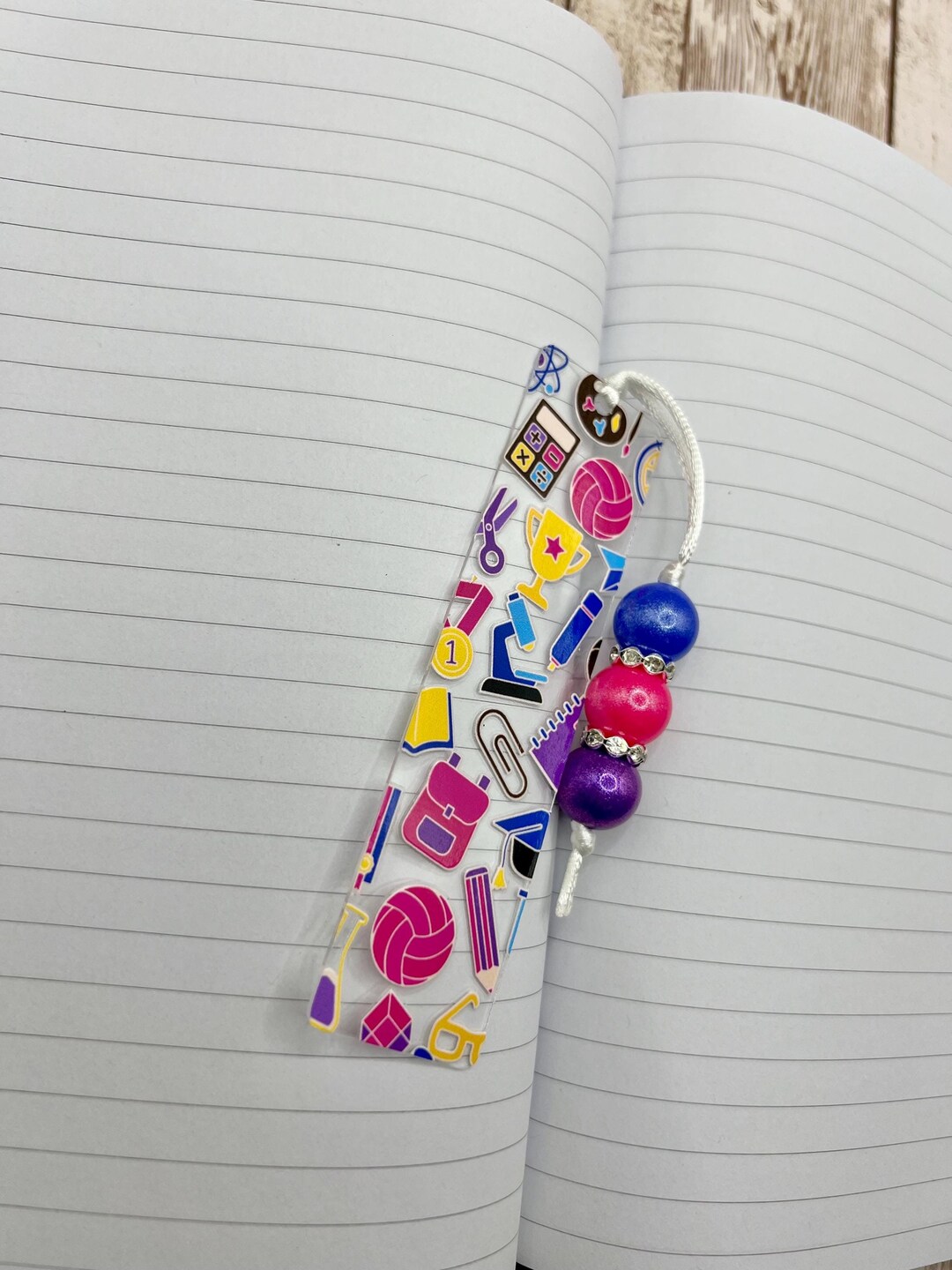 School Bookmark, UV Acrylic, Dangle Silicone Shimmer Bead, Pretty Page ...