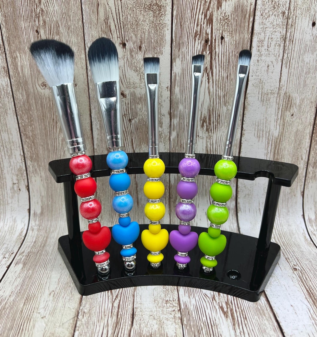 Beaded Makeup Brush Set, Vibrant Rainbow Hearts, Red Blue Yellow Purple ...