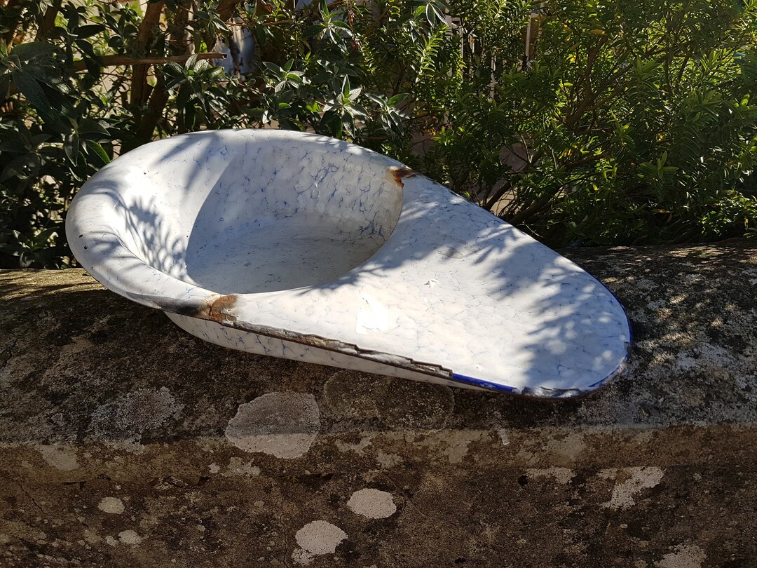 Vintage French Blue Mottled Enamel Bedpan, Enamel Slipper Pan, Enamel ...