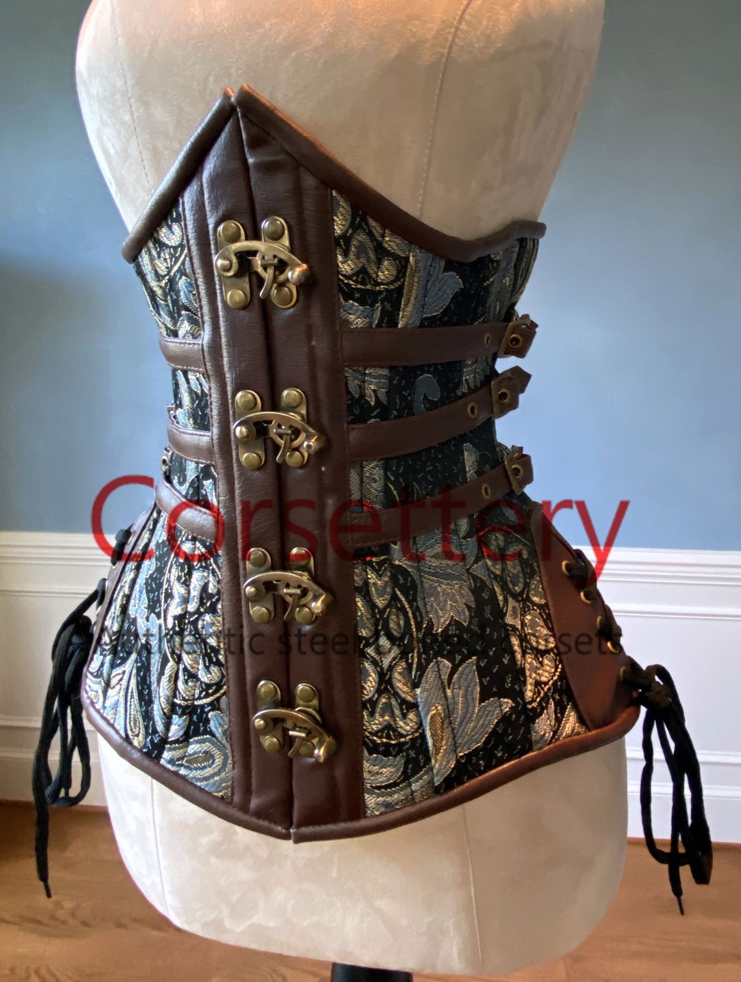 Steel Boned Underbust Steampunk Corset From Brocade With Real Leather
