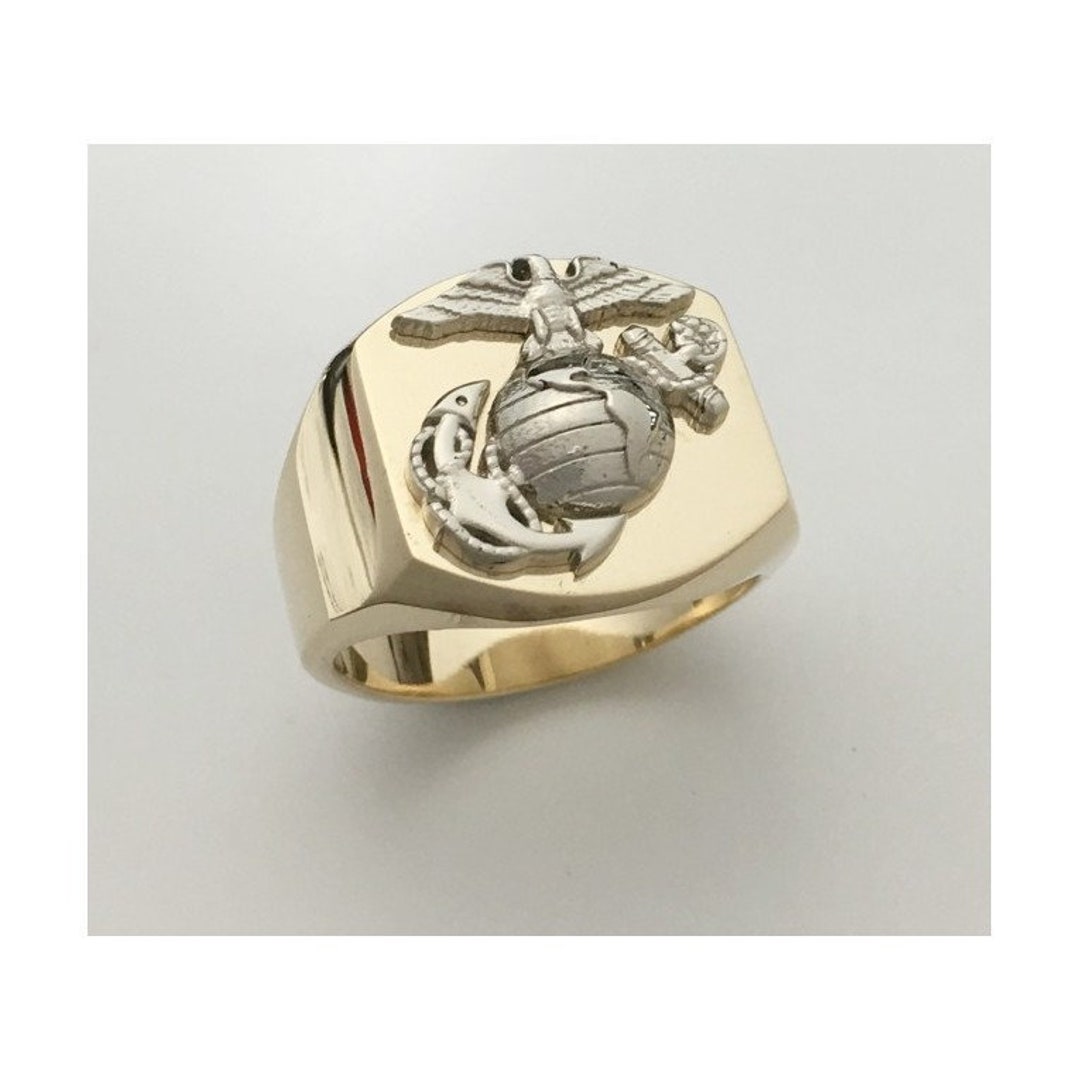 Gold 14K Yellow Large Two Tone Marine Corps Signet Ring With White ...