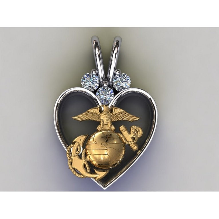 14K Gold Marine Corps Heart Pendant With 3 Diamonds - Etsy
