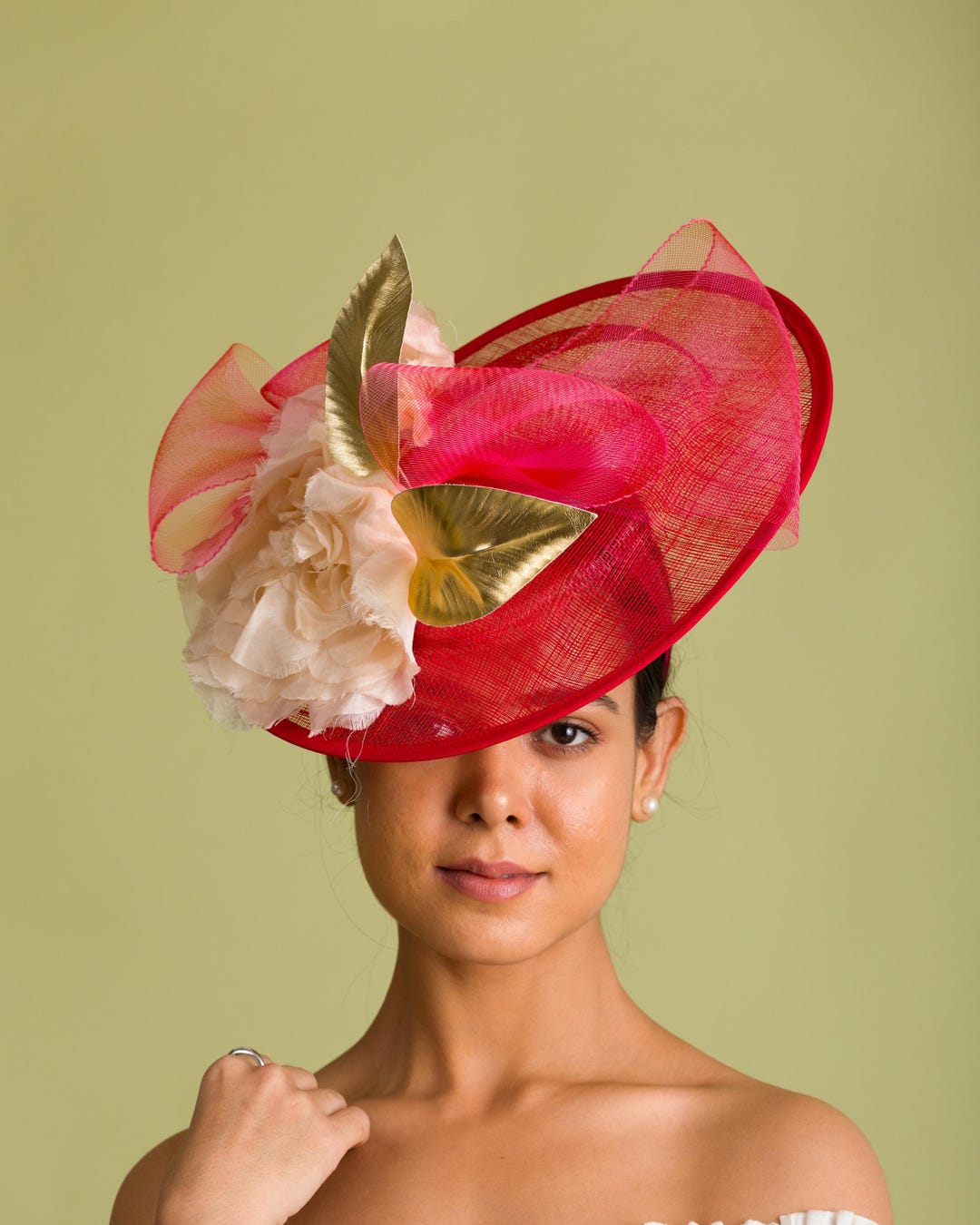 Red and Gold Derby Hat With Blush Flower, Statement Sinamay Fascinator ...