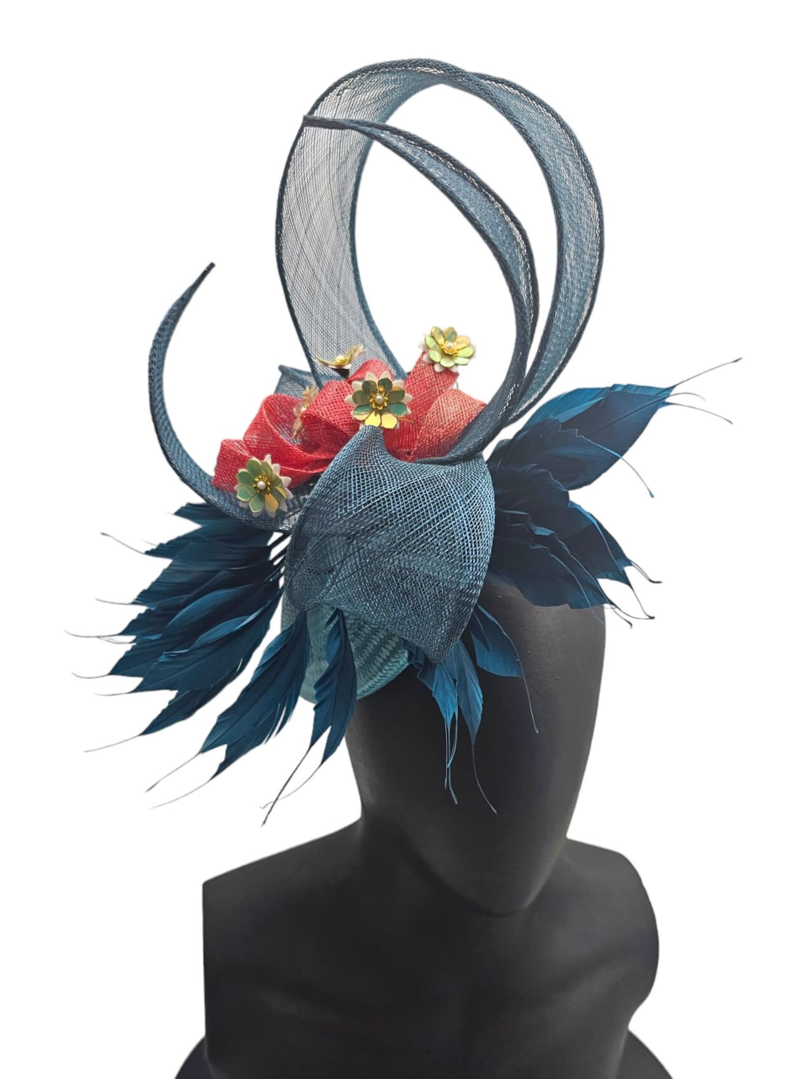 Navy Fascinator With Shimmer Flower and Red Abaca Fiber Pop (cora) - Etsy