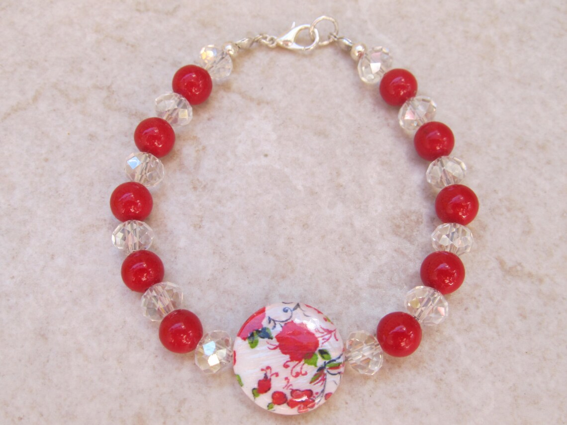 Jewelry Gift Set Red Disc Shell Flower-print and Red Coral Beads ...