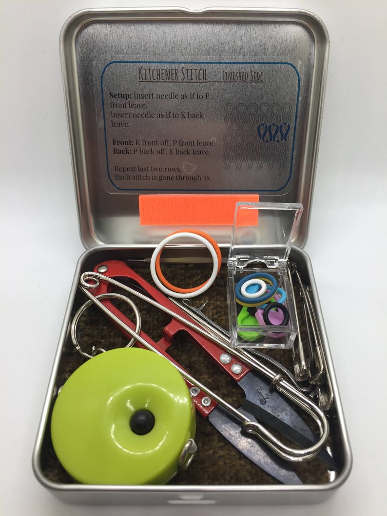 Knitter's Toolkit Metal Box Notions Scissors, Stitch Markers, Yarn ...