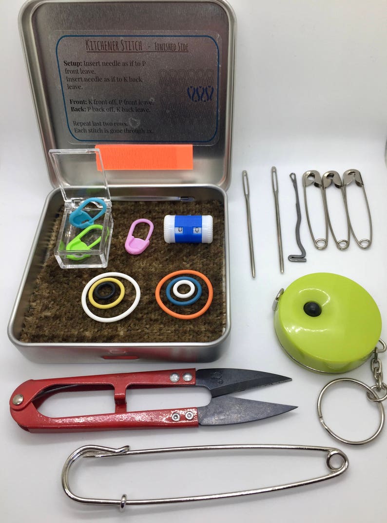 Knitter's Toolkit Metal Box Notions Scissors, Stitch Markers, Yarn ...