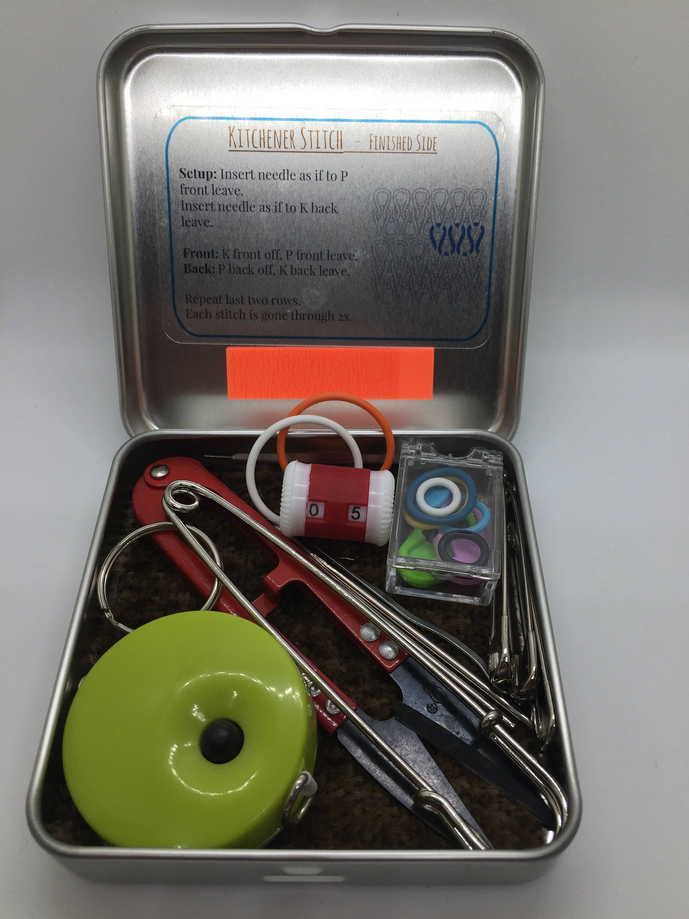 Knitter's Toolkit Metal Box Notions Scissors, Stitch Markers, Yarn ...