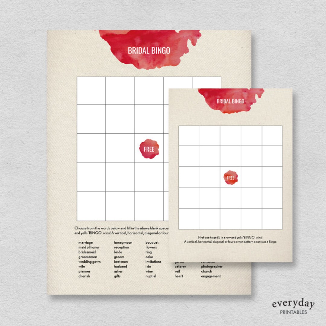 Watercolor Bingo Printable Bridal Shower Game Suggested Words and Blank ...